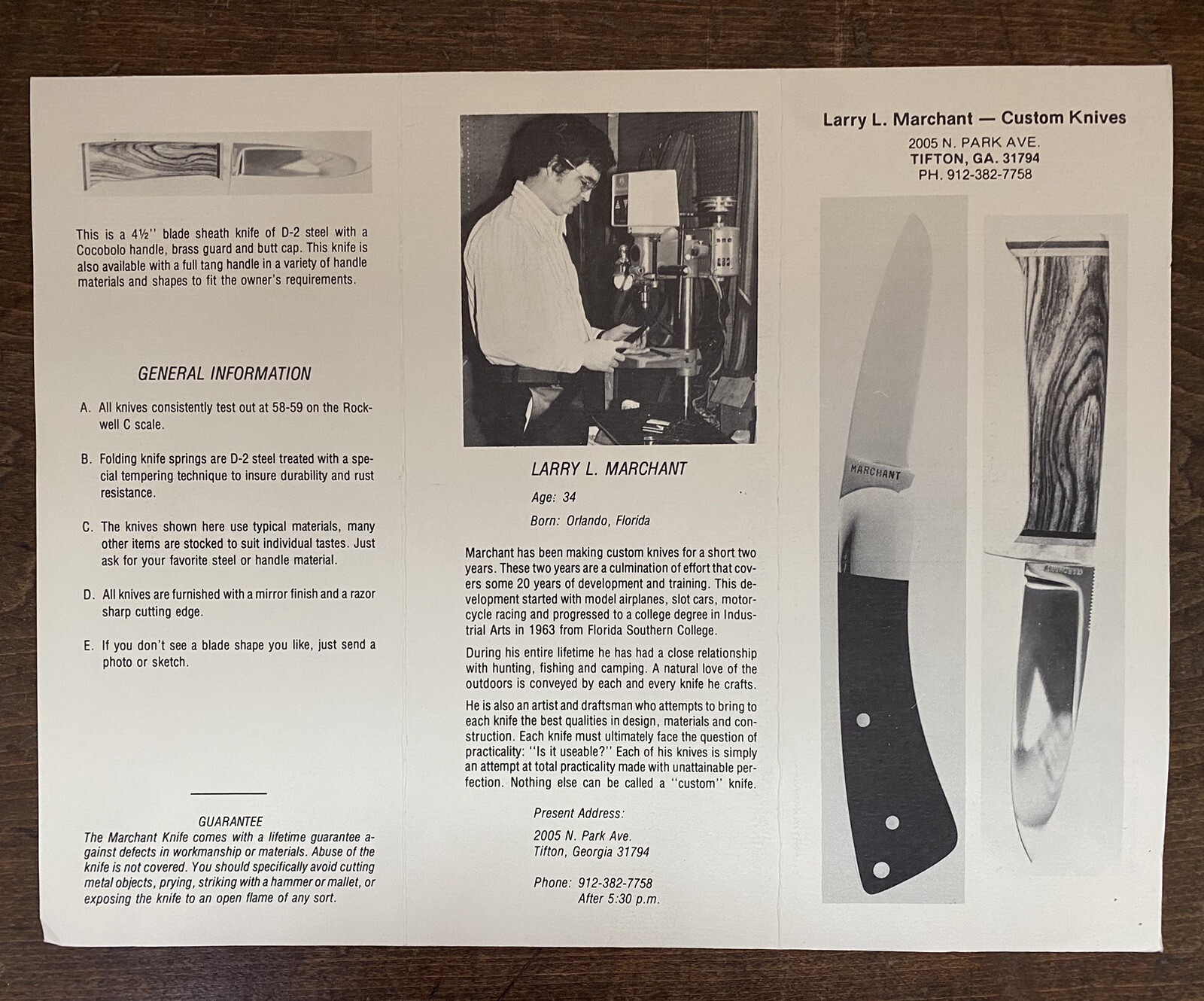 LARRY MARCHANT HANDMADE KNIFE BROCHURE CATALOG. CUSTOM FLORIDA KNIVES ...