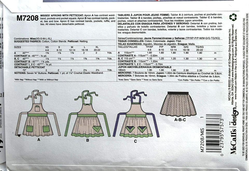 McCall's Pattern M7208 Misses Apron w/Petticoat Assorted Styles Sizes ...