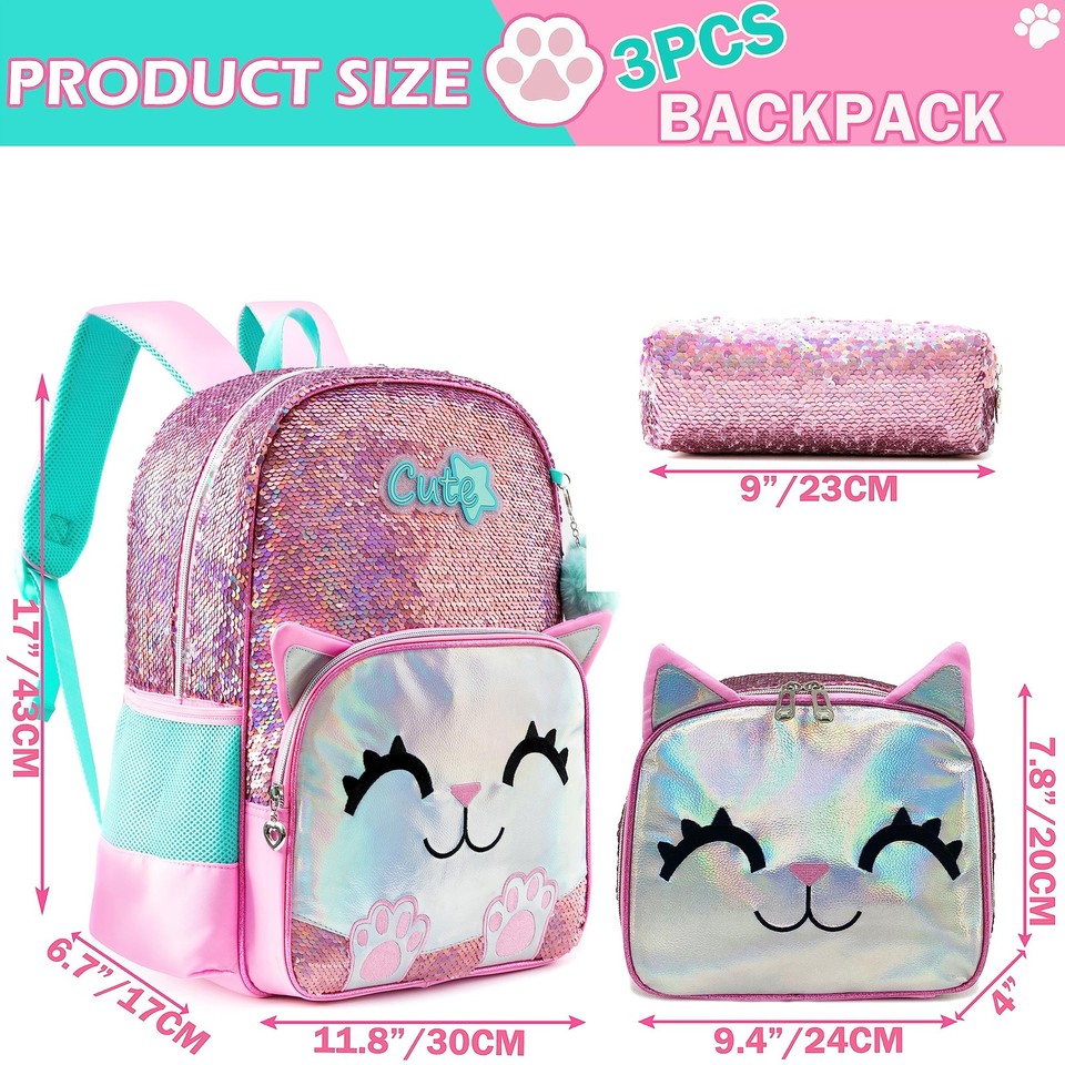 Cute Backpack for Girls Pink Cat School Backpacks Kids Sequin Bookbag ...