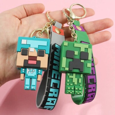 UK NEW Kids Minecraft Keychain Keyring Bag Clip Steve Creeper Skeleton ...