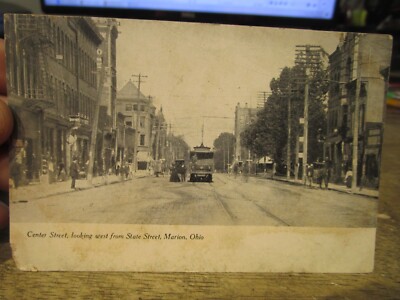 G9 Old MARION OHIO Postcard Center Street looking West Streetcar Store ...