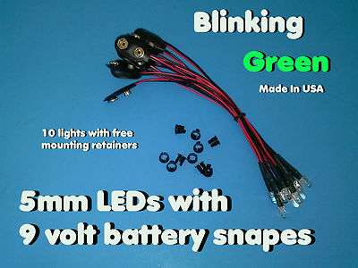 10 pc 5mm GREEN BLINK PRE WIRED LEDs 9 VOLT WATER CLEAR LED ON BATTERY ...