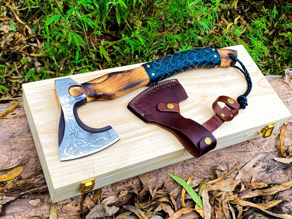 PERSONALIZE HAND FORGED Carbon Steel Viking Tomahawk Throwing Axe W/Box ...