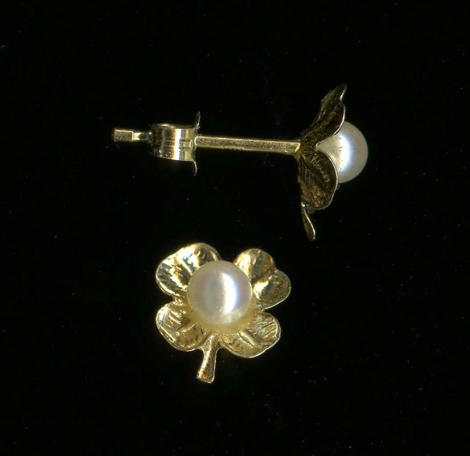 14K 8mm Fine Solid Yellow Gold White Pearl Bead Flower Plant Leaf ...