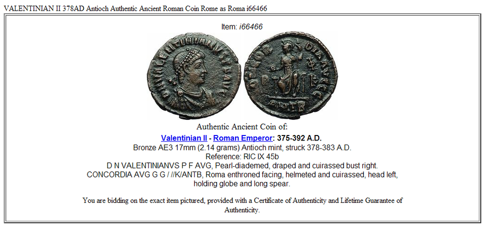 VALENTINIAN II 378AD Antioch Authentic Ancient Roman Coin Rome as Roma ...