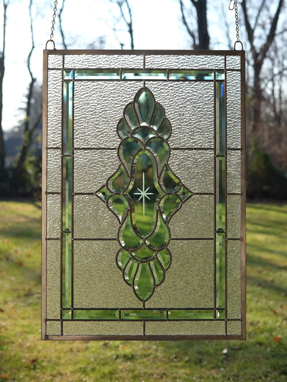 Stained glass panel green transparent Clear Beveled window panel 19" x ...