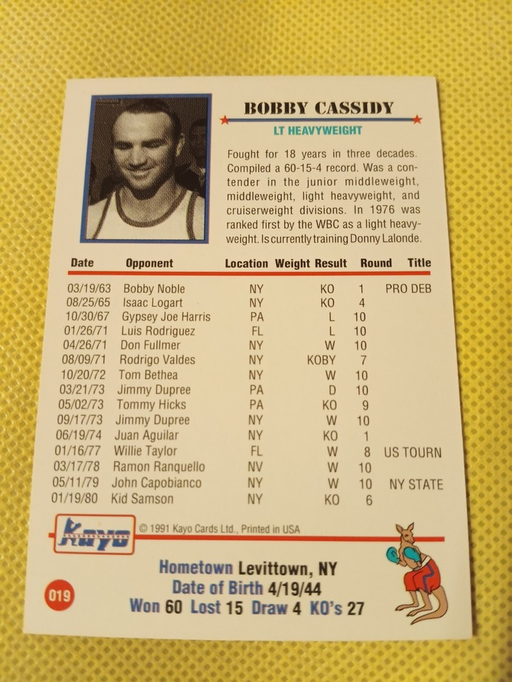 1991 BOBBY CASSIDY KAYO BOXING CARD #19 | eBay