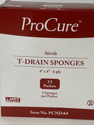 Procure Latex Sterile T-Drain Sponges 4"x4" 6 Ply # PCND44 25 Packets 2 ...