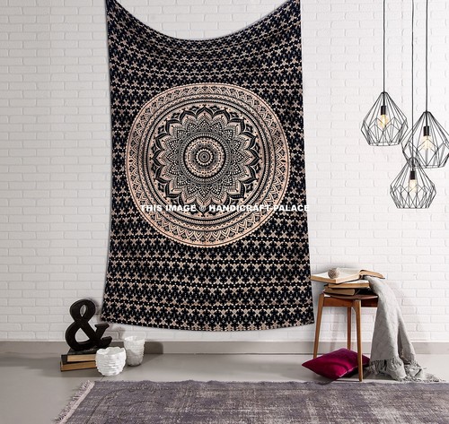 Gold Mandala Black Tapestry Indian Cotton Twin Wall Hanging Bedding ...