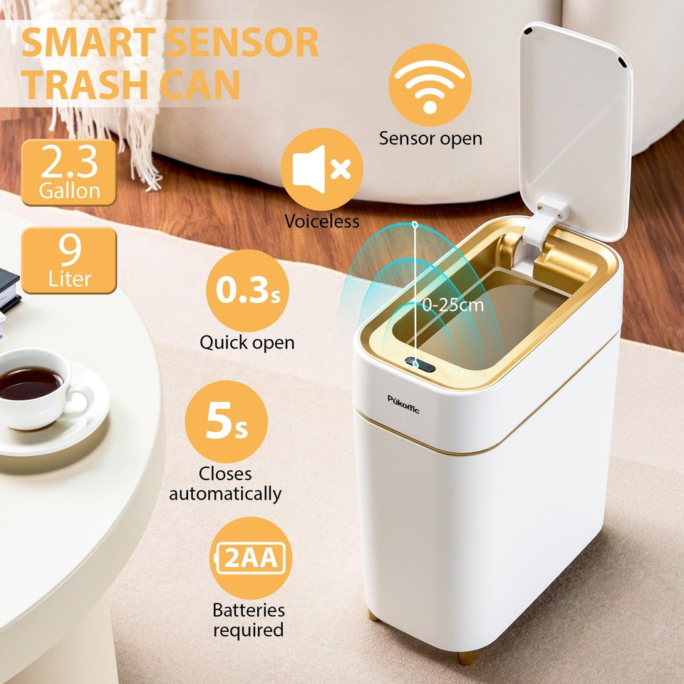 Pukomc Automatic Small Sensor Trash Can with Touchless Lid 2.3 Gallon ...