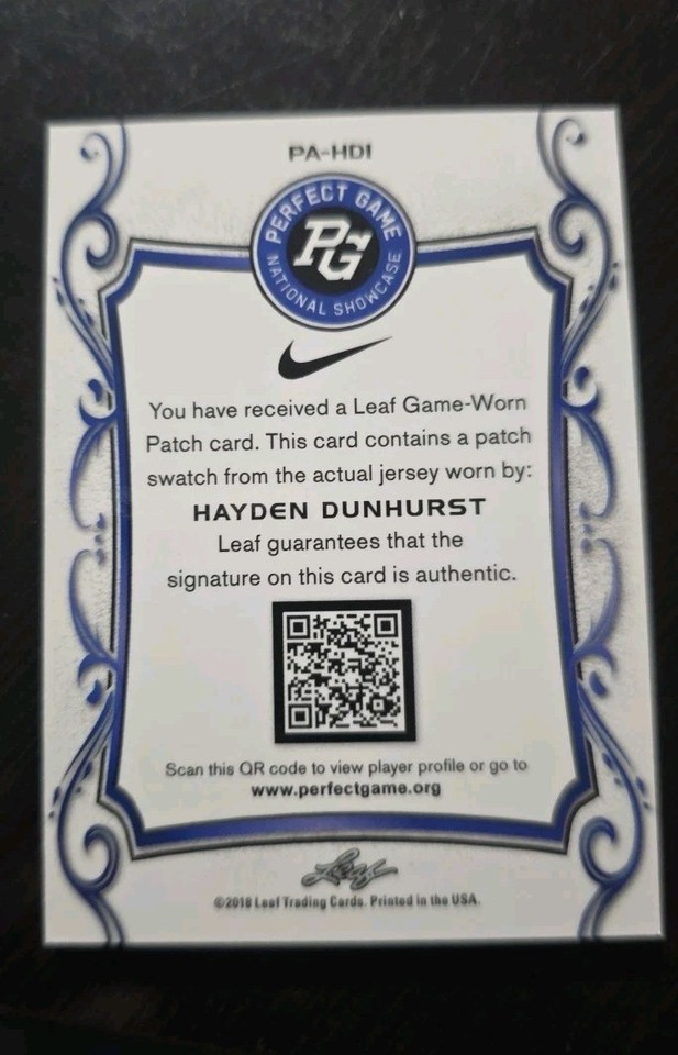 Leaf Perfect Game National Showcase Hayden Dunhurst 12/15 Game Worn ...