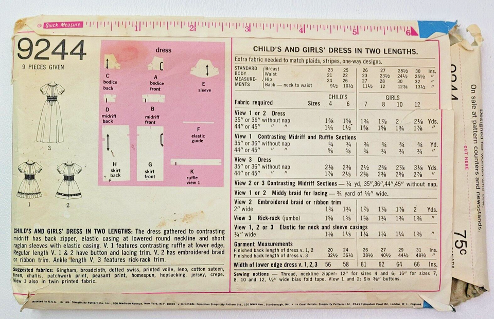 VTG 70s Simplicity Sew Pattern 9244 Girls Peasant Dress Two Lengths ...