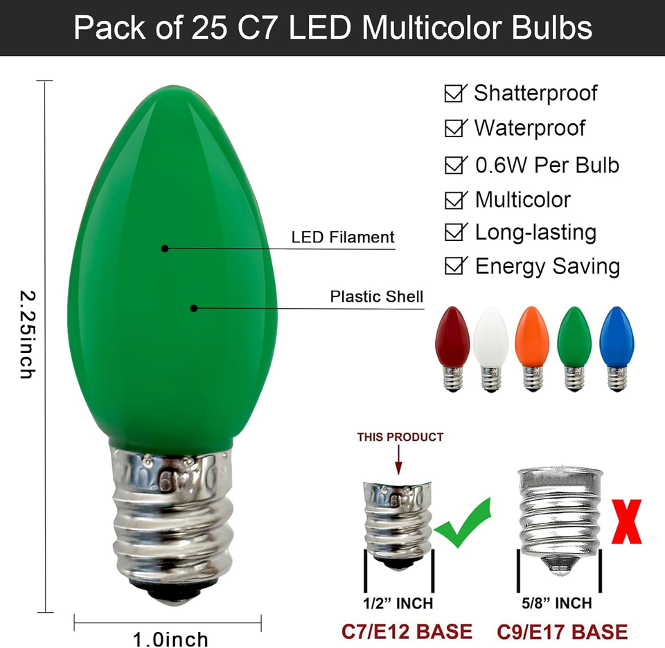 25 Pack C7 LED Multicolor Christmas Replacement Light Bulbs, Colored ...