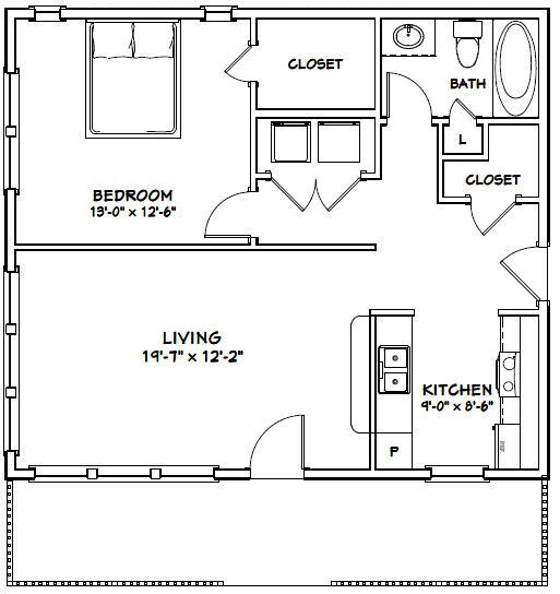 30x26 House -- 1 Bedroom 1 Bath -- 780 sq ft -- PDF Floor Plan -- Model 3 | eBay