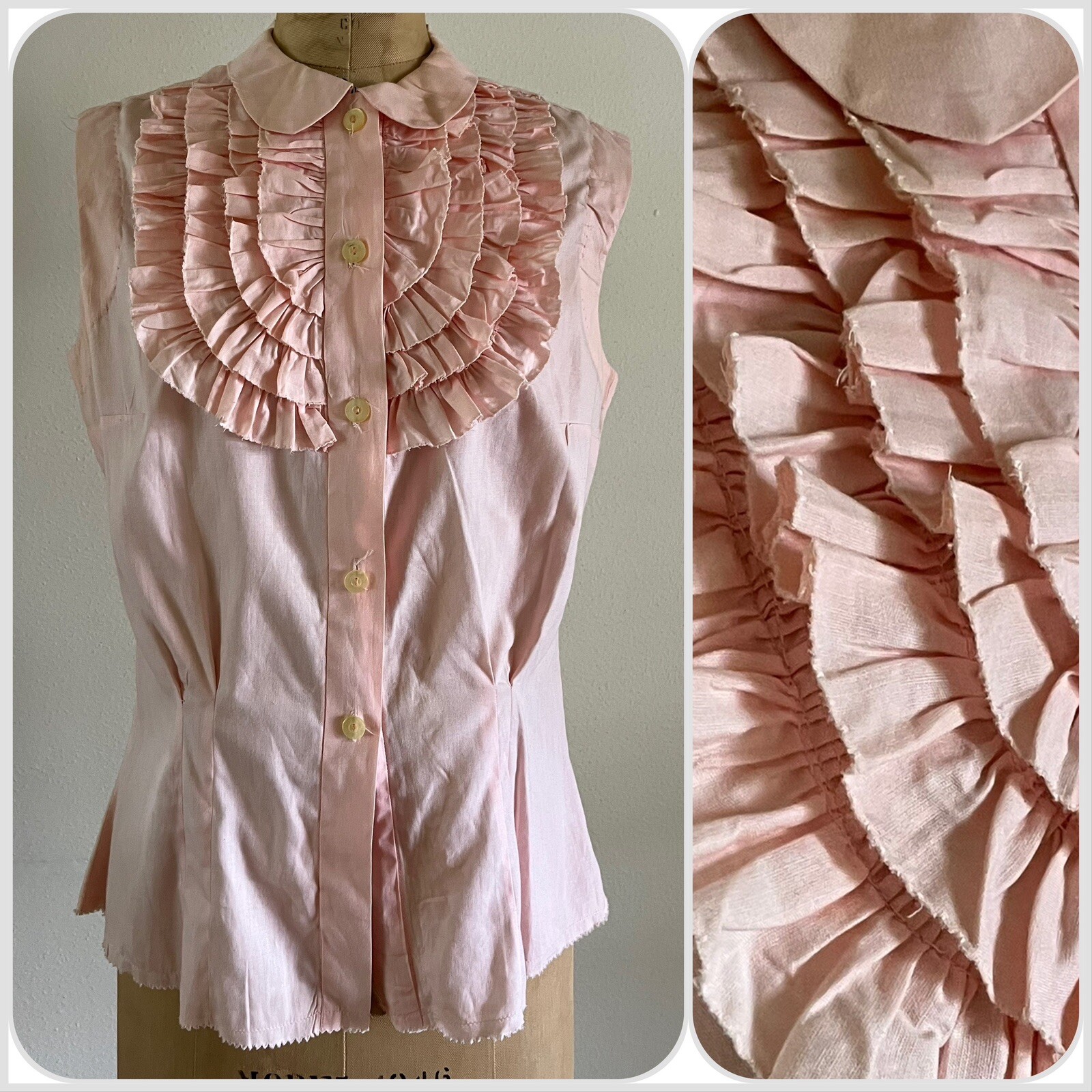 1940s 50s Pink Ruffle Blouse Top Tuxedo Shirt Peter P… - Gem