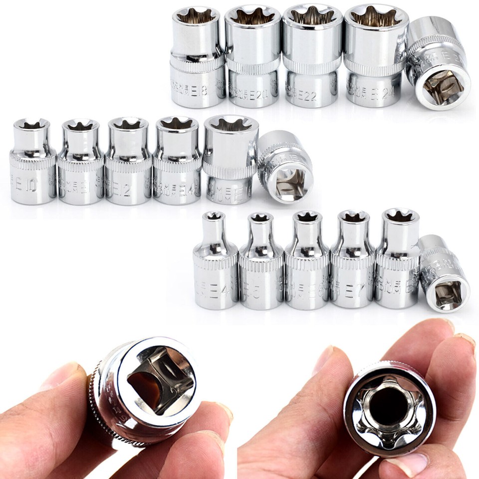 14PCS E Torx Star Female Bit Socket Set 1/2" 3/8" 1/4" Drive E4 - E24 w ...