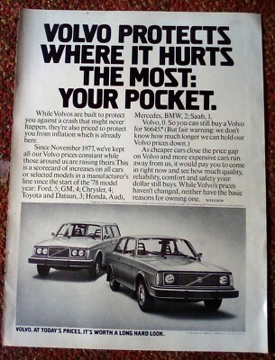 1977 Volvo Print Ad Volvo protects where it hurts most | eBay