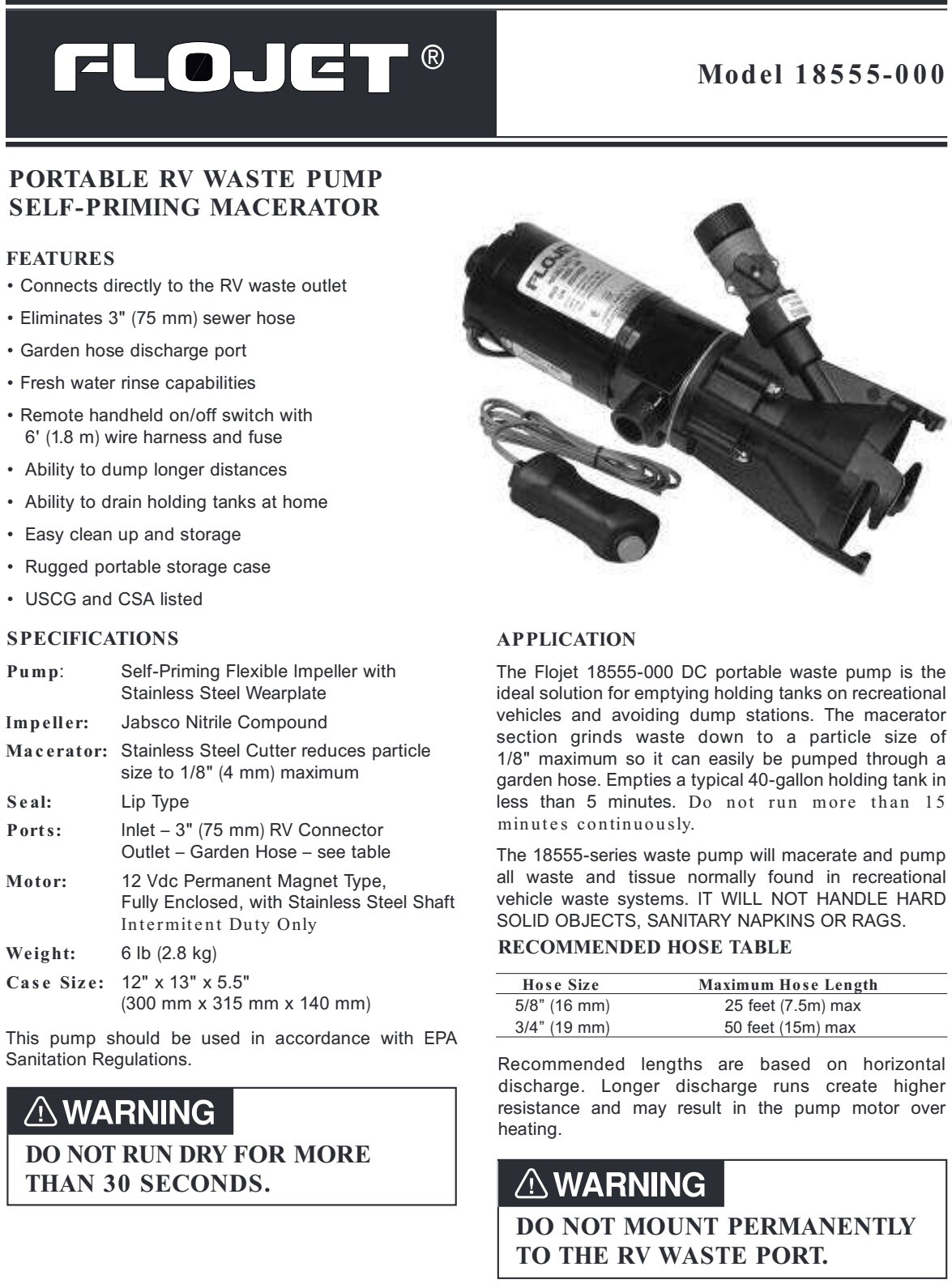 Flojet 18555000A Portable RV Waste Water Pump 12V DC 18555000 W ...