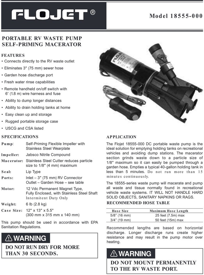 Flojet 18555000A Portable RV Waste Water Pump 12V DC 18555000 W ...