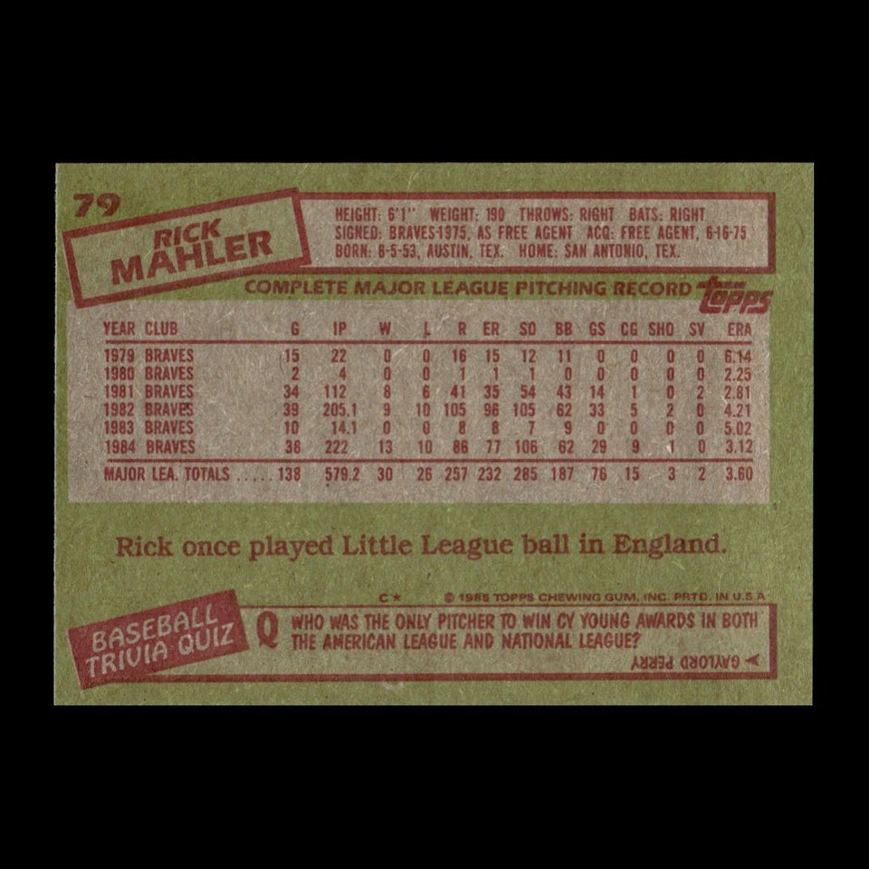 Rick Mahler 1985 Topps Atlanta Braves #79 R321G 80 | eBay