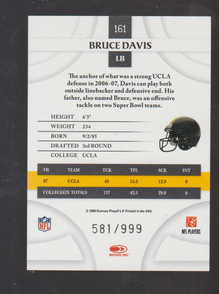 2008 Donruss Threads Gold #161 Bruce Davis rookie card, UCLA Bruins ...