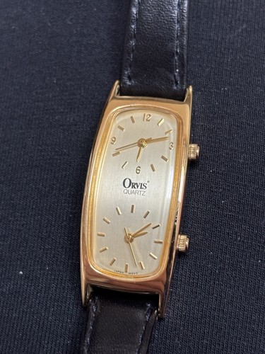 Orvis Dual Time Zone Watch Black Leather Band Gold Face NWOT | eBay