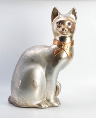 Large Cast Plaster Cat Statue With Silver And Gold Finish And Glass ...