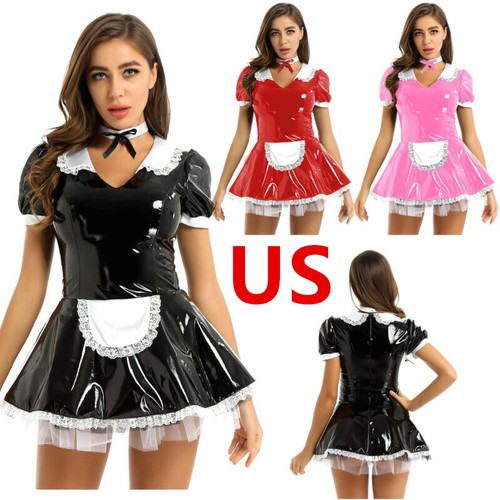 Women Wet Look PVC Leather French Apron Maid Fancy Dress Costume Outfit ...