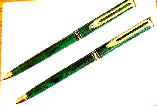 Sharp International Green/black mottled Ball Pen/ Pencil set Gold Trim ...