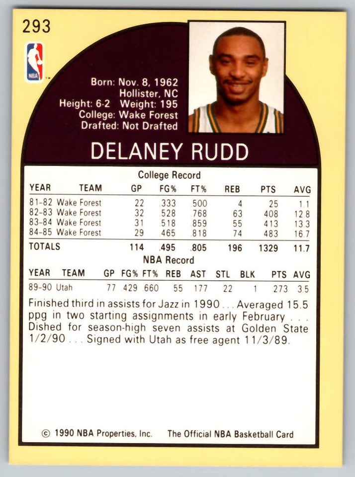 1990-91 Hoops #293 Delaney Rudd Utah Jazz RookieRC | eBay