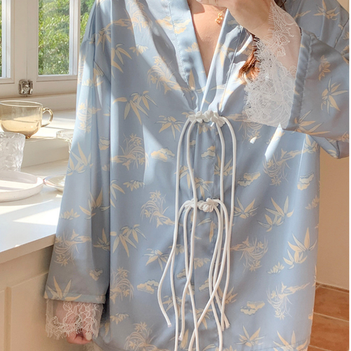Lady Chinese Style Pyjama Set Long Sleeve Top Pants Lace Trim Frog ...