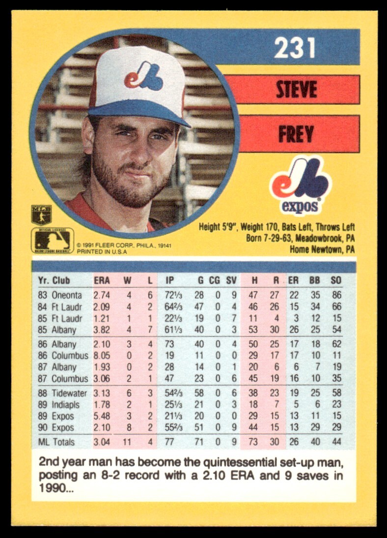 1991 Fleer Baseball Card Steve Frey Montreal Expos #231 | eBay
