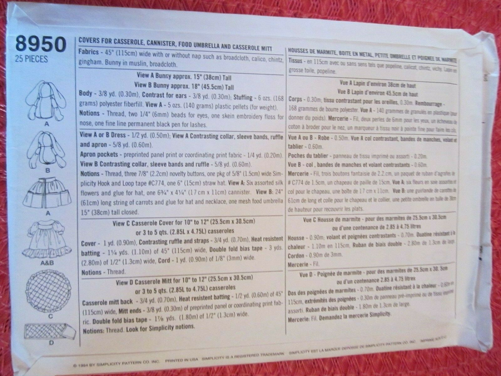 SIMPLICITY 8950 BUNNY Covers for CASSEROLE Food Umbrella CASSEROLE MITT ...