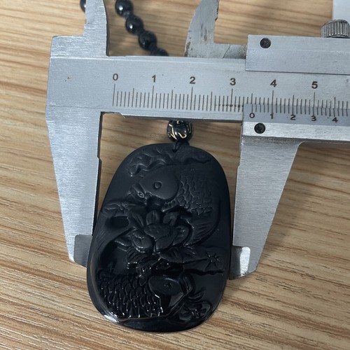 Obsidian Carved Fish Lotus Pendant Lucky Beads Chain Necklace Amulet ...