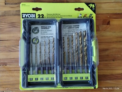 NEW RYOBI Titanium Drill Bit Kit 1/4 in Hex Shank Wood Metal Plastic 22 ...