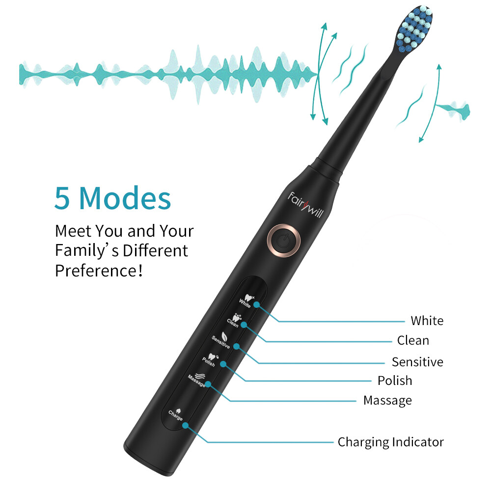 Fairywill Electric Toothbrush USB Fast Charge 5 Modes 6 Replacement ...