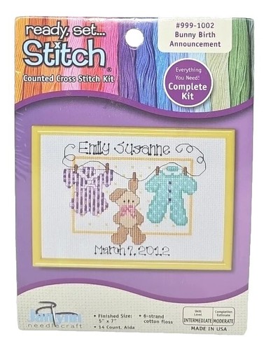 Janynn Needlecraft New 'Bunny Birth Announcement) Counted Cross Stitch ...