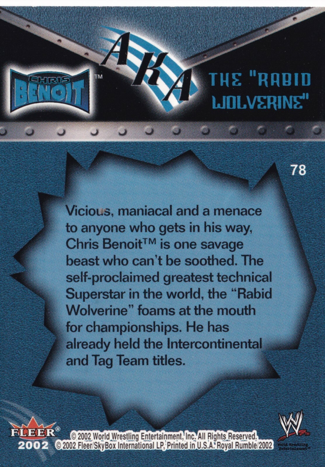 Chris Benoit 2002 Fleer WWE Royal Rumble Card #78 AKA The Rabid ...