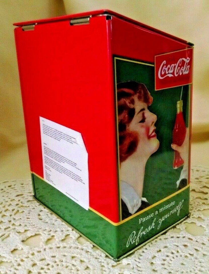 COKE TIN CANISTER SLOPED HINGED LID TIN BOX CO COCA COLA GIRLS PAUSE ...