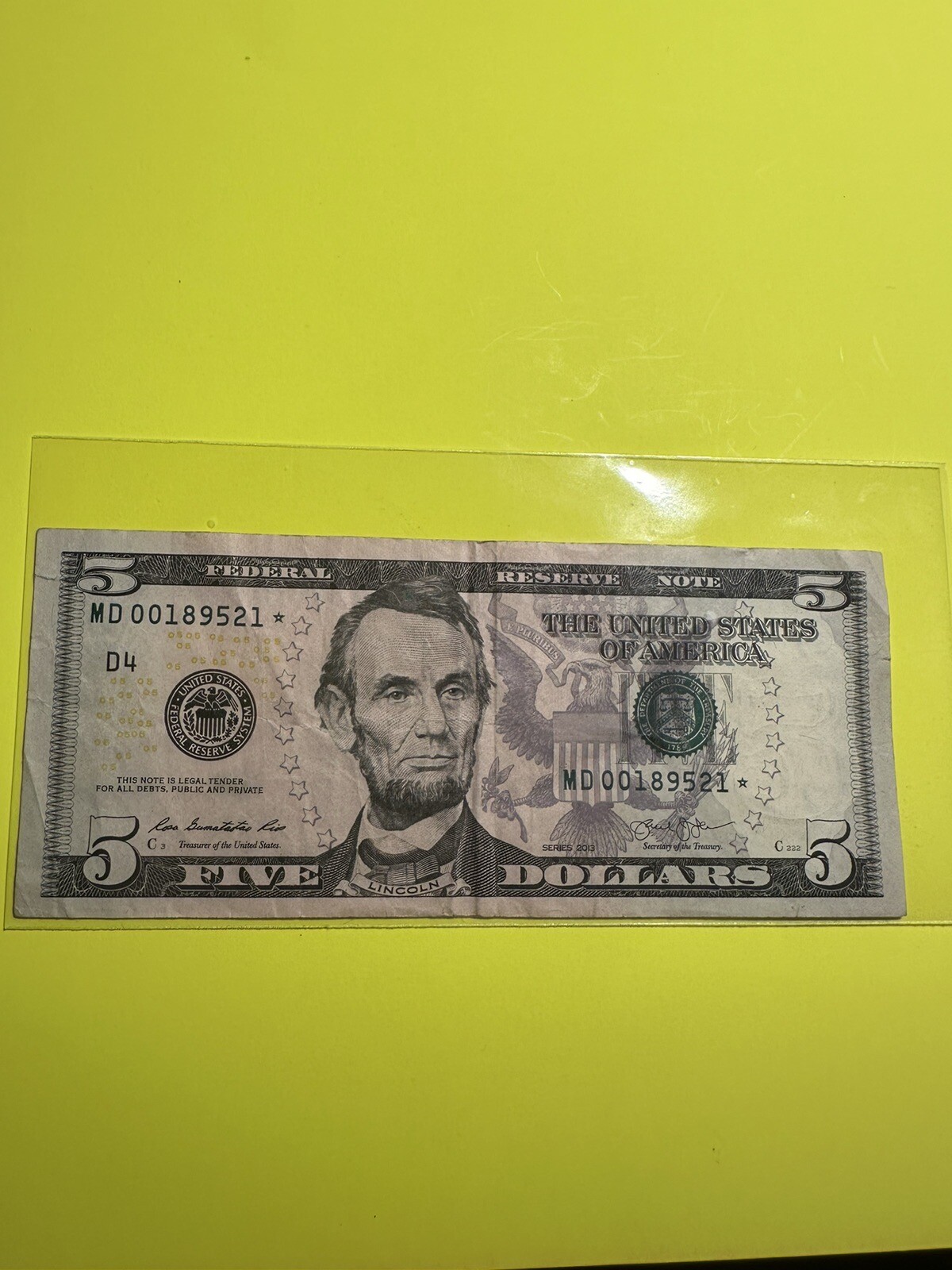RARE! ☆$5 Dollar Bill ☆STAR☆ NOTE 2013 Series # MD 00189521 | eBay