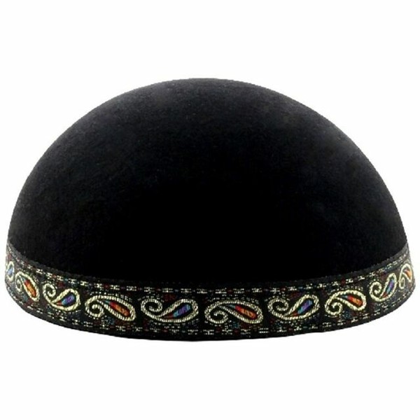 Yemenite Kippah Skull Cap Black Ethnic Rim Israel 21" Opening Rigid ...