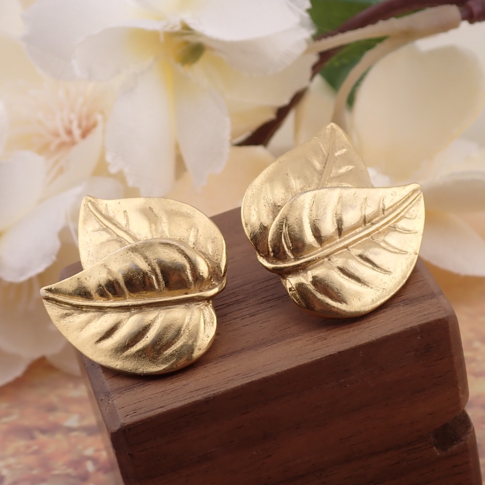 Vintage Matte Gold Trifari TM Double Leaf Pierced Ear… - Gem