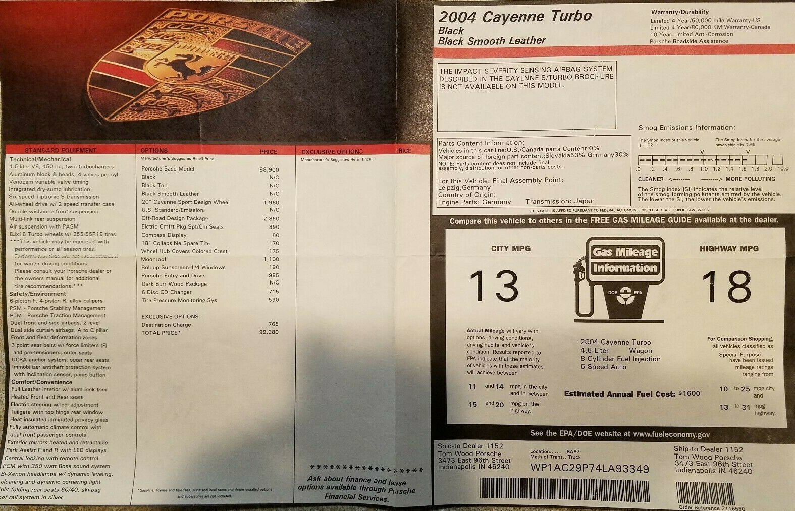 PORSCHE CAYENNE TURBO 3 ORIGINAL MSRP WINDOW STICKERS (2004-2005) | eBay