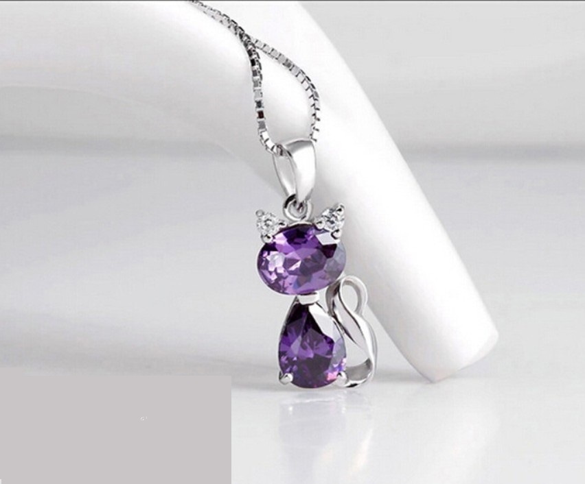 18" Sterling Silver Cartoon Amethyst Cat Cubic Zircon Pendant Necklace ...