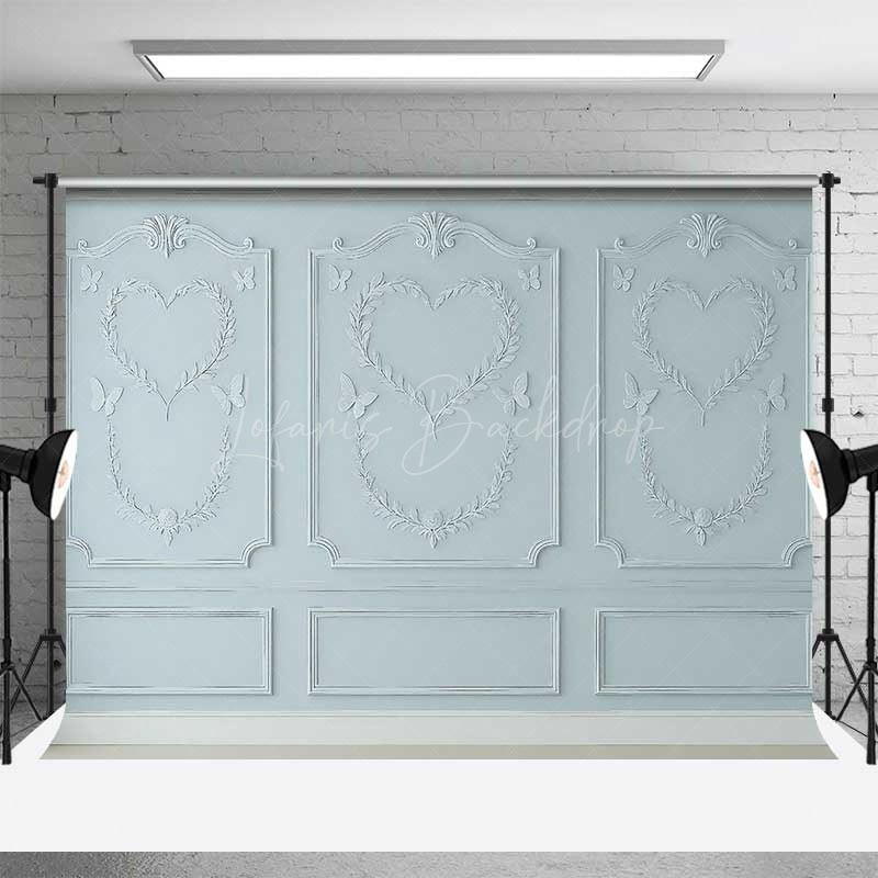 Light Blue Wall Photography Backdrop With Heart Shaped Wreaths And ...