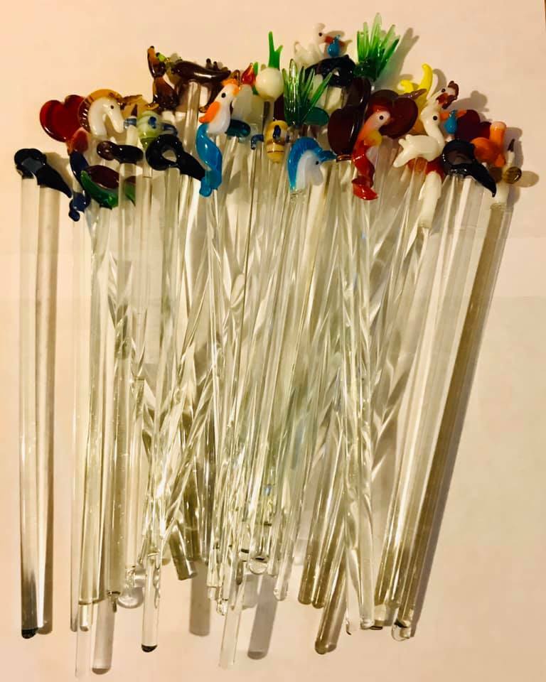 18 Assorted Set Glass Swizzle Sticks Stir Cocktail Stirrers Blown Glass ...