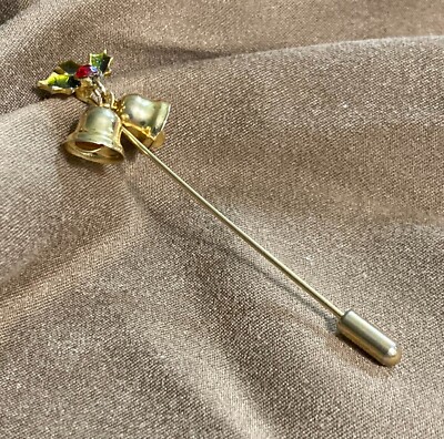 Vintage Enamel Holly & Jingle Bells Stick Pin Brooch Red Rhinestone ...