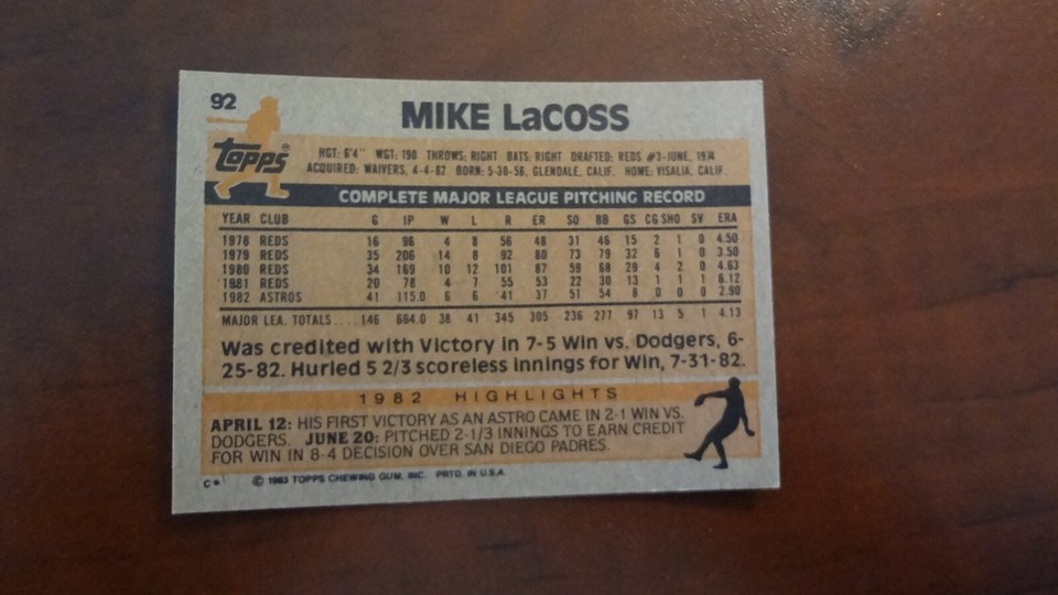 1983 TOPPS # 92 MIKE La COSS BASEBALL CARD | eBay