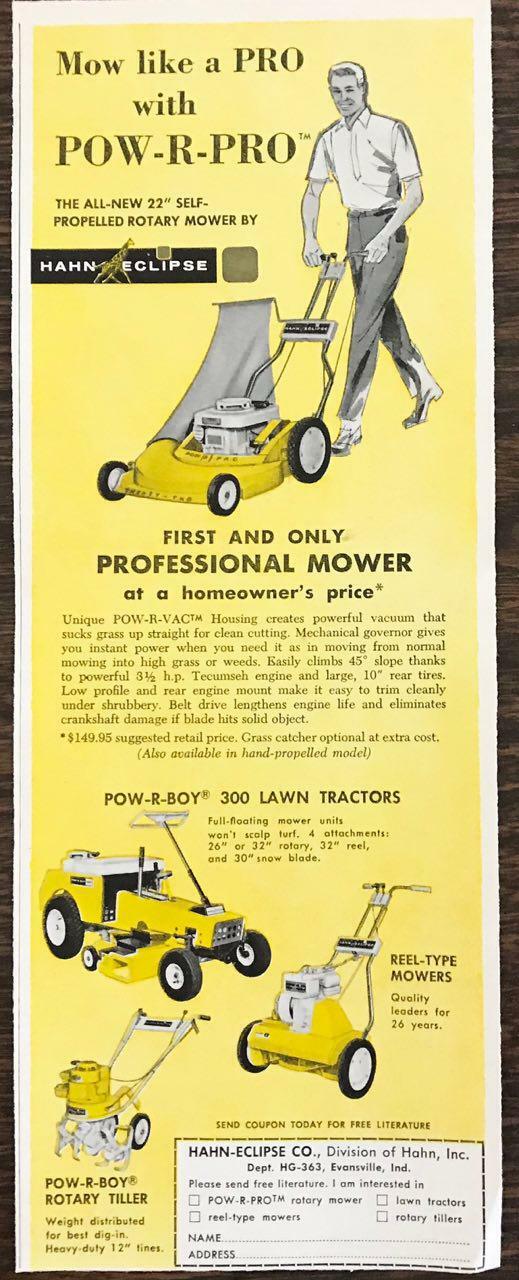 1963 Hahn Eclipse Co Evansville IN Print Ad Pow-R-Pro Mower Tillers ...