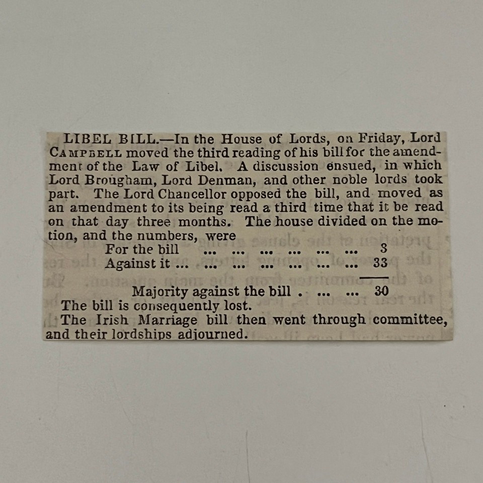 Libel Bill House of Lords Lord Campbell 1844 London Newspaper Clipping ...